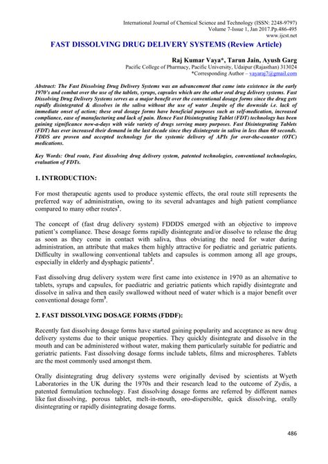 Pdf Fast Dissolving Drug Delivery Systems Review Article