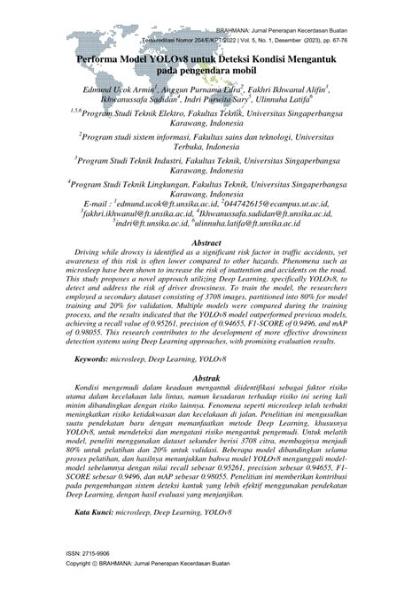 Pdf Performa Model Yolov8 Untuk Deteksi Kondisi Mengantuk Pada Pengendara Mobil