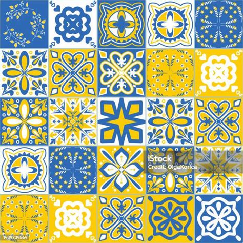 블루 옐로우 원활한 패턴 장식 사각형 세라믹 타일 벡터 일러스트 레이 션 고풍스런에 대한 스톡 벡터 아트 및 기타 이미지