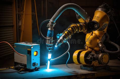 Spot Welding Robot With Arm And Torch That Creates The Spot Weld Stock