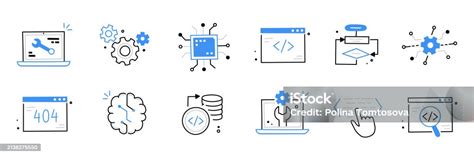 소프트웨어 코드 아이콘 낙서 세트 손으로 그린 선 스케치 소프트웨어 코딩 낙서 컴퓨터 프로그램 빌드 기술 데이터 작동 응용 제품 테스트 아이콘 프로그램 빌드 벡터 상징에