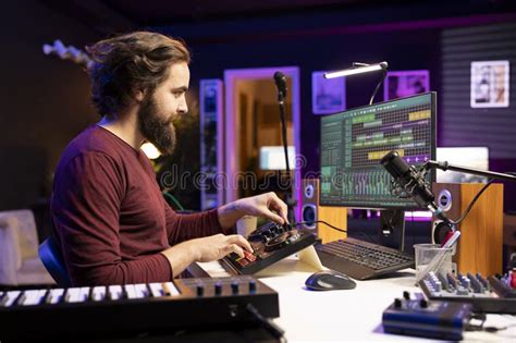 Male Composer Producing Sounds And Mixing Them On Stereo Console Stock Image Image Of Console