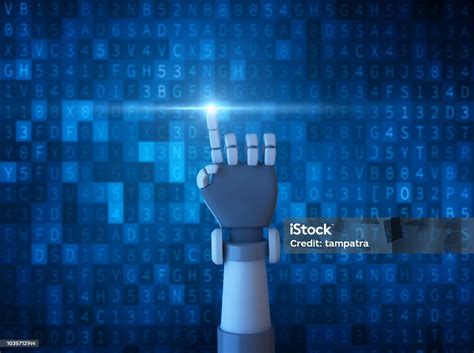 로봇 손가락 가리키는 컴퓨터 데이터 코드 배경에 미래 기술 개념에 고립 된 빛 인공 지능입니다 3 차원 일러스트 레이 션 3차원 형태에 대한 스톡 사진 및 기타 이미지