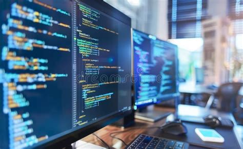 close up view of computer screen displaying code in a dimly lit room at