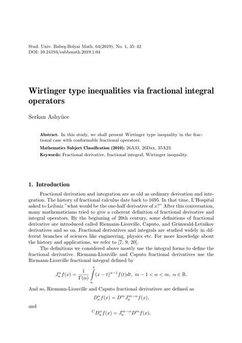 Pdf Wirtinger Type Inequalities Via Fractional Integral Operators