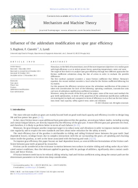 Pdf Influence Of The Addendum Modification On Spur Gear Efficiency