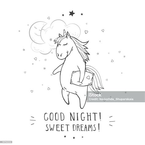 베개 달 구름과 텍스트손으로 그린 귀여운 유니콘의 벡터 그림 Good Night 좋은 꿈꾸세요 흰색 배경에 개성 개념에 대한 스톡 벡터 아트 및 기타 이미지 Istock
