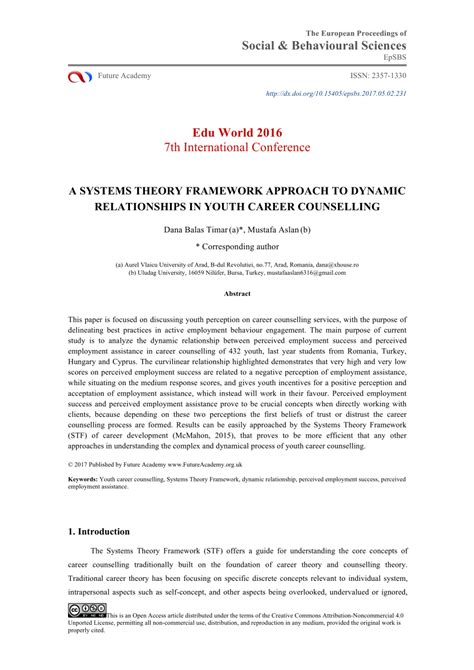 PDF A SYSTEMS THEORY FRAMEWORK APPROACH TO DYNAMIC RELATIONSHIPS IN YOUTH CAREER COUNSELLING