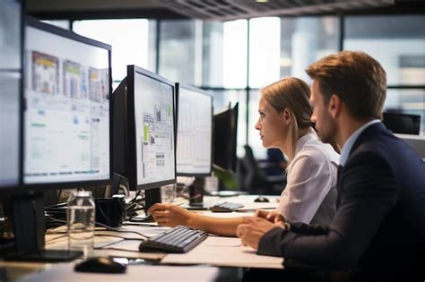 Premium Photo A Man And A Woman Are Sitting At A Computer With A Computer Screen Showing A Man