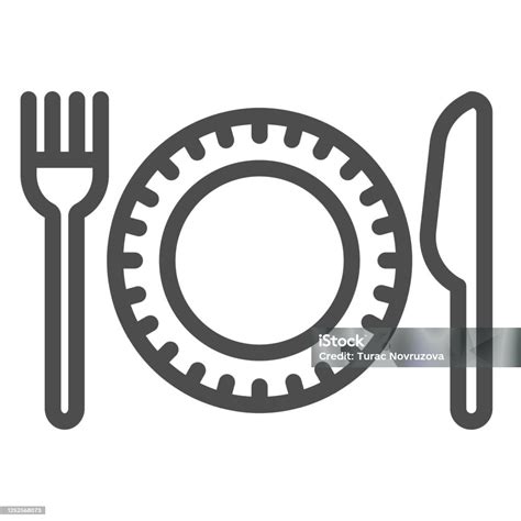 플라스틱 일회용 식기 라인 아이콘 피크닉 컨셉 흰색 배경에 포크와 칼 기호가있는 접시 종이 일회용 식품 접시 및 칼 아이콘이 윤곽 스타일입니다 벡터 그래픽 0명에 대한 스톡