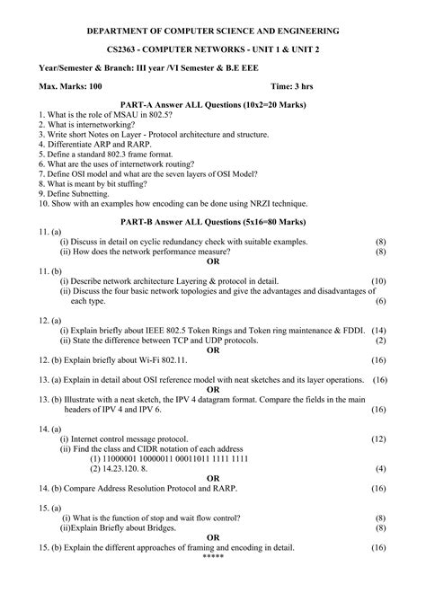 Iii Eee Cs2363 Computer Networks Important Questions For Unit 1 Unit 2 For May June 2014 Pdf