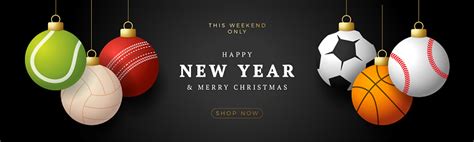 스포츠 크리스마스 판매 배너 스포츠 야구 농구 축구 테니스 공이 있는 크리스마스 카드는 검은 현대 배경에 실위에 매달려 있습니다 벡터 그림입니다 텍스트 배치 크리스마스에