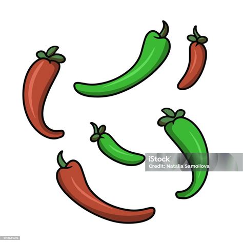 요리를위한 아이콘 재료 세트 빨간색과 녹색 고추 만화 스타일의 벡터 일러스트 레이 션 개체 그룹에 대한 스톡 벡터 아트 및 기타 이미지 개체 그룹 건강한 식생활