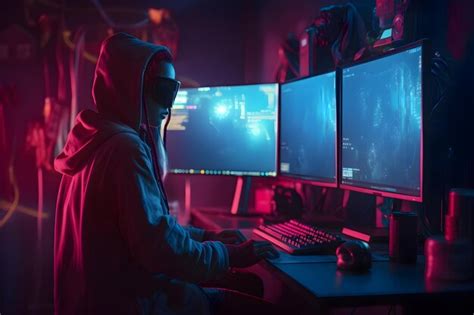 Premium Photo Hacker In Hoodie Using Computer In Dark Room Cybercrime Concept