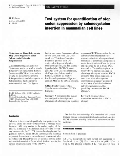 Pdf Test System For Quantification Of Stop Codon Suppression By Selenocysteine Insertion In
