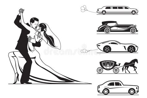 Ζεύγος του νεόνυμφου και της νύφης με τα γαμήλια αυτοκίνητα Διανυσματική απεικόνιση