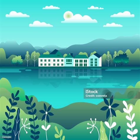 평면 스타일 디자인에 언덕과 산 풍경입니다 계곡 배경입니다 아름 다운 녹색 필드 풀밭 및 푸른 하늘 언덕 호수 숲 만화 벡터 일러스트 레이 션에 시골 위치 도시에 대한 스톡