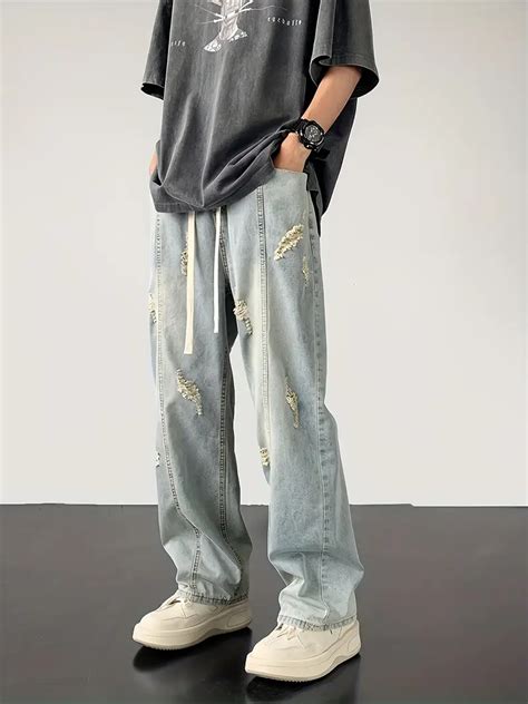남성 패션 닳은 데님 청바지 캐주얼 스트리트 스타일 스트레이트 레그 루즈 팬츠 야외 봄 가을 Temu Republic Of Korea