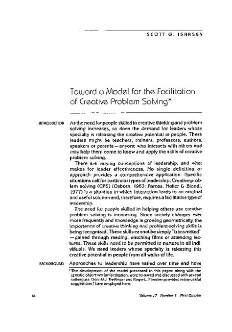 pdf toward a model for the facilitation of creative problem solving