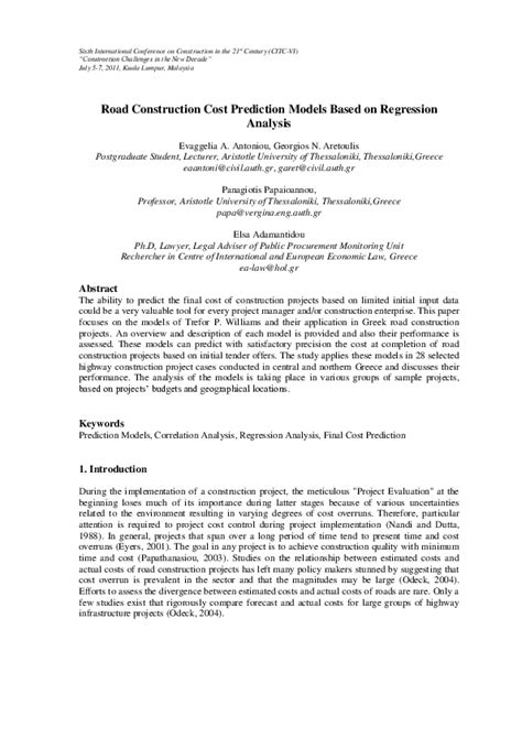 Pdf Road Construction Cost Prediction Models Based On Regression Analysis
