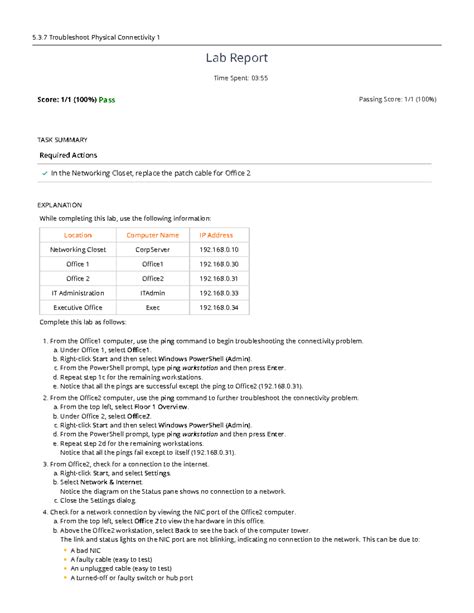 5 3 7 Troubleshoot Physical Connectivity 1 Passing Score 1 1 100 5 3 Troubleshoot Physical