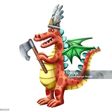 바이킹 드래곤의 귀여운 그림 재미있는 신비한 생물과 고대 스칸디나비아 무기 예술의 만화 스타일 동화 이야기 날개가 달린 헬멧과 녹색 용 어린이 일러스트 스타일 목재 재료에