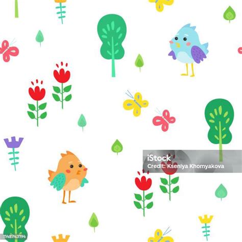 귀여운 아 이들의 완벽 한 패턴입니다 나무 나뭇잎 꽃과 나비자연 사이에 재미 조류 장식품은 인쇄물 직물 커버 선물 포장지 배경 막에 적합 합니다 귀여운에 대한 스톡 벡터