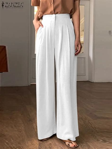 2023 Zanzea 여성용 단색 와이드 레그 팬츠 발목 길이 바지 하이웨이스트 판탈롱 우아한 캐주얼 오피스 Ol 팔라조 가을 Aliexpress