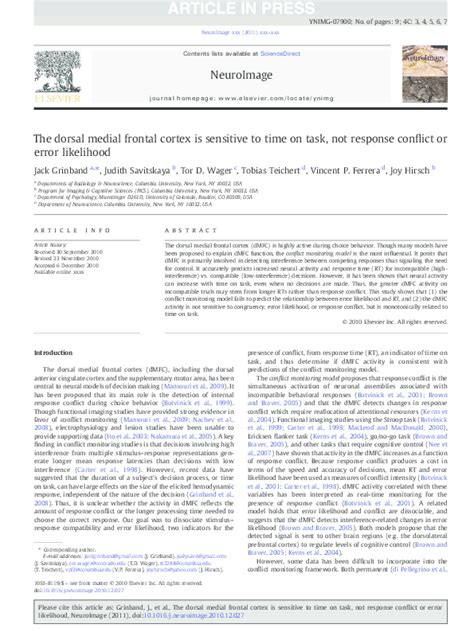Pdf The Dorsal Medial Frontal Cortex Is Sensitive To Time On Task Not Response Conflict Or