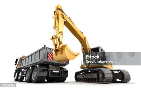 유압 굴 삭 기 및 전경에서 양동이와 덤프 트럭의 구성 3d 그림입니다 흰색 절연 후면에 대한 스톡 사진 및 기타 이미지 후면 흙 파는 기계 개념 Istock