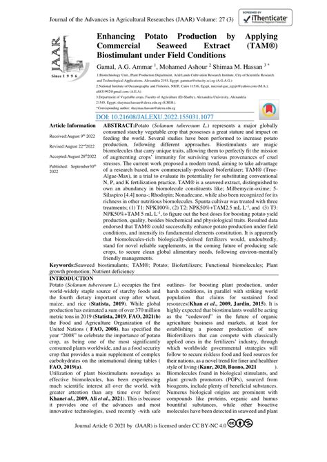 Pdf Enhancing Potato Production By Applying Commercial Seaweed