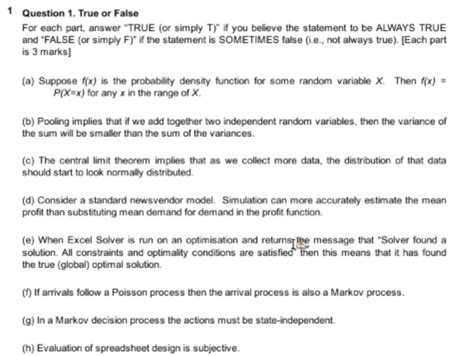 Solved 1 ﻿question 1 ﻿true Or Falsefor Each Part Answer