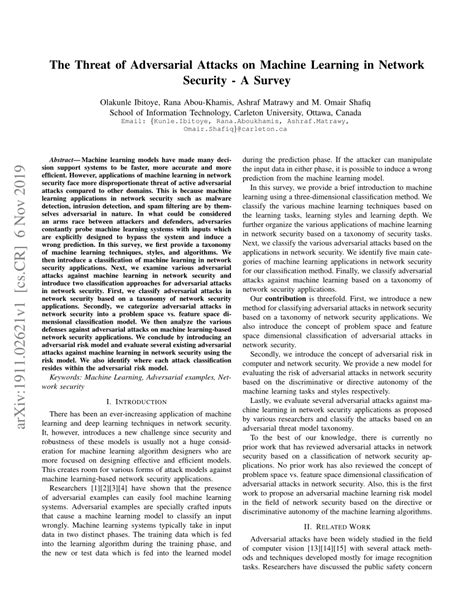 Pdf The Threat Of Adversarial Attacks On Machine Learning In Network Security A Survey