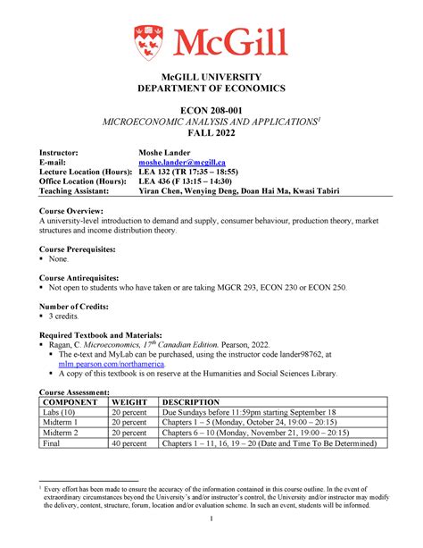 Econ Syllabus Yuh Mcgill University Department Of Economics Econ 208 Microeconomic Analysis