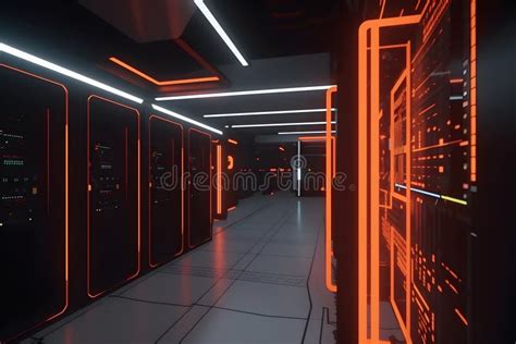 Shot Of Data Center With Multiple Rows Of Fully Operational Server Racks Modern