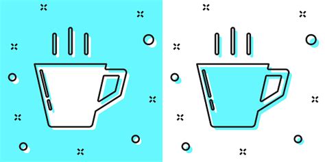 녹색과 흰색 배경에 격리 된 블랙 라인 커피 컵 아이콘 차 컵 뜨거운 음료 커피 임의동적 모양 벡터 일러스트레이션 가능성에 대한