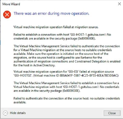 Virtual Machine Migration Failed No Credentials Available 0x8009030e