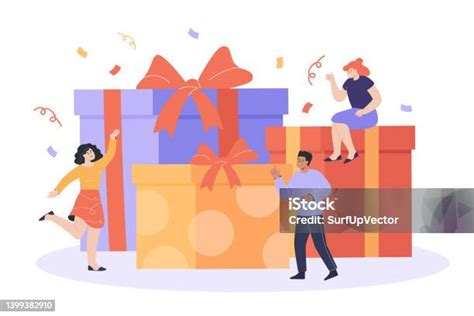거대한 선물 상자 플랫 벡터 일러스트 레이 션을 가진 작은 사람들 받기에 대한 스톡 벡터 아트 및 기타 이미지 받기 벡터