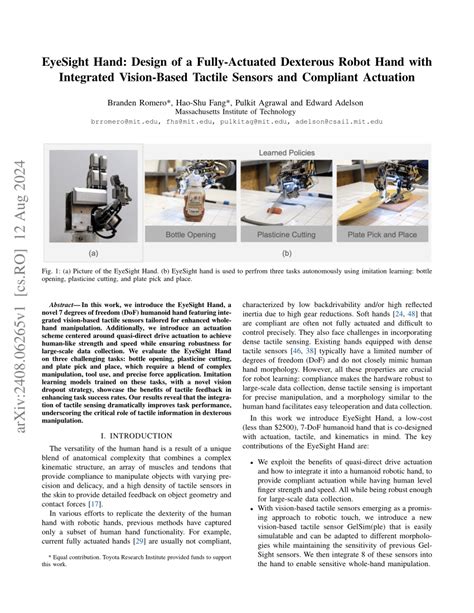 Pdf Eyesight Hand Design Of A Fully Actuated Dexterous Robot Hand With Integrated Vision