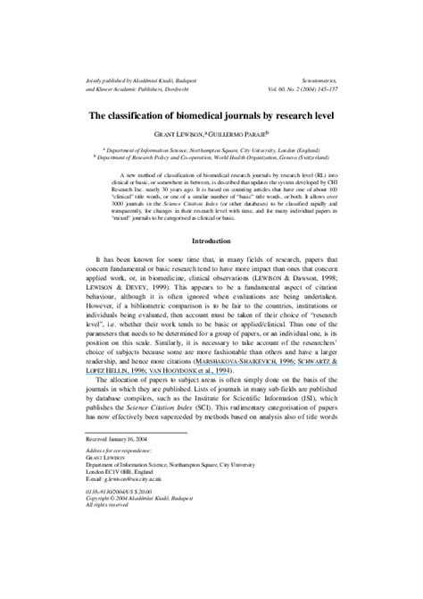 Pdf The Classification Of Biomedical Journals By Research Level