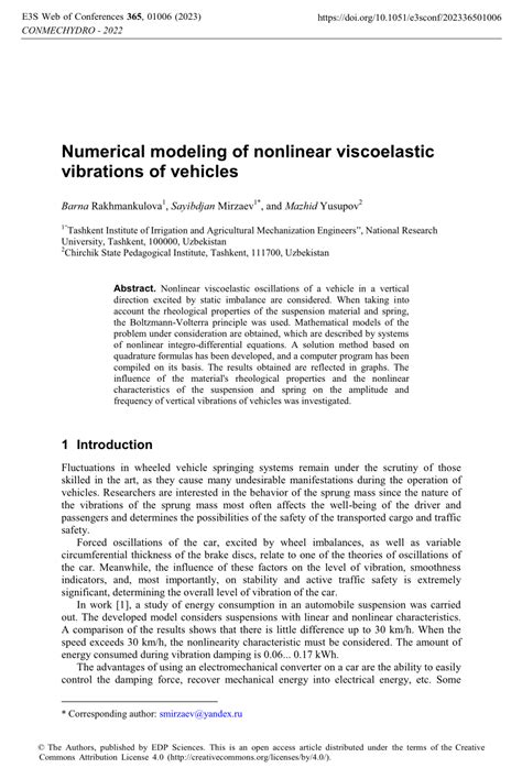 Pdf Numerical Modeling Of Nonlinear Viscoelastic Vibrations Of Vehicles