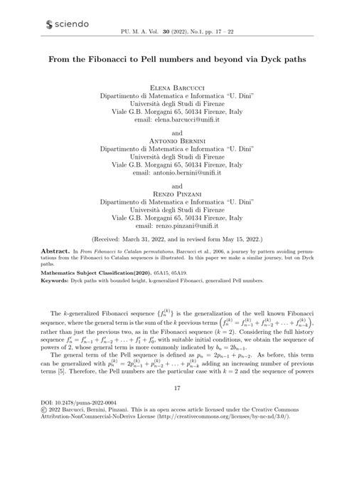 Pdf From The Fibonacci To Pell Numbers And Beyond Via Dyck Paths