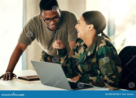 Laptop Friends And A Military Team Laughing In An Office On An Army