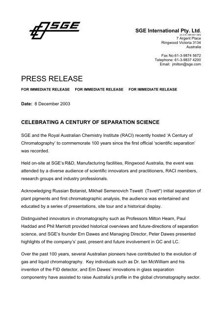 Celebrating A Century Of Separation Science Sge Analytical Science