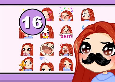 Emojis Chibi Girl Emotes 16pcs Dolly Ruby Hair Brown Eyes Pale