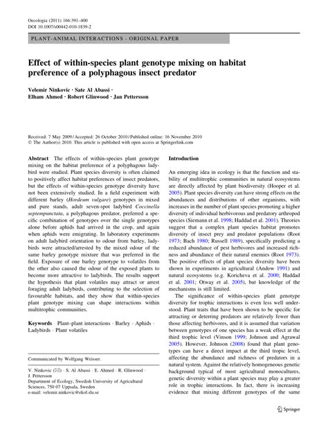 Pdf Effect Of Within Species Plant Genotype Mixing On Habitat