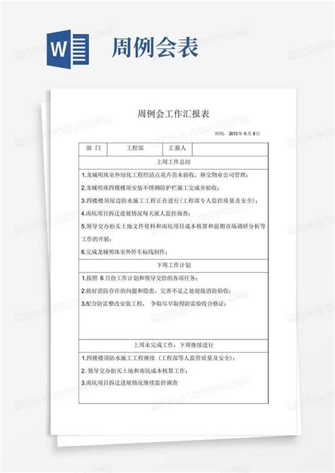 周例会工作汇报表Word模板下载 编号qpbrgbbr 熊猫办公