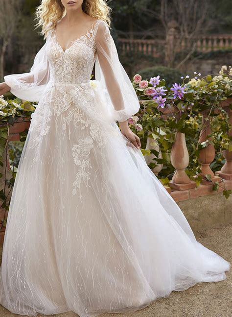 A Line V Neck Long Sleeves Lace Chapel Train Wedding Dresses With