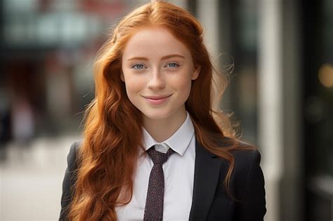 Premium Photo Young Pretty Redhead Woman At Outdoors In Business Uniform