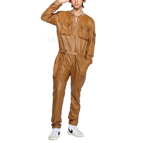 Camel Brown Multi Pockets Cargo Style Men Leather Jumpsuit